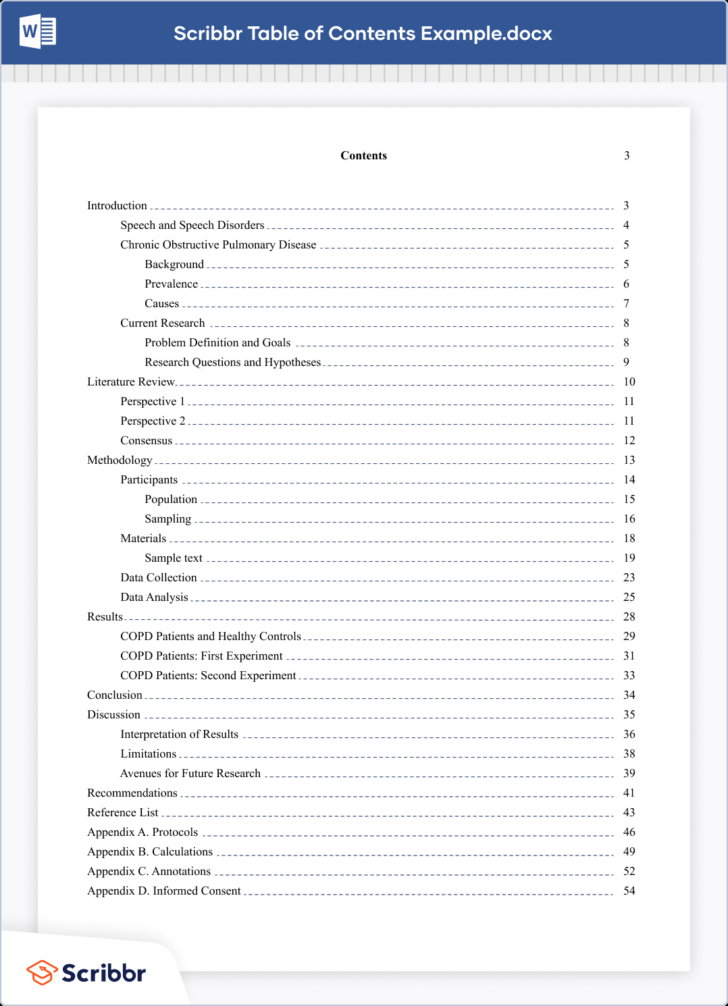 Table Of Contents Template Sample Template Samples