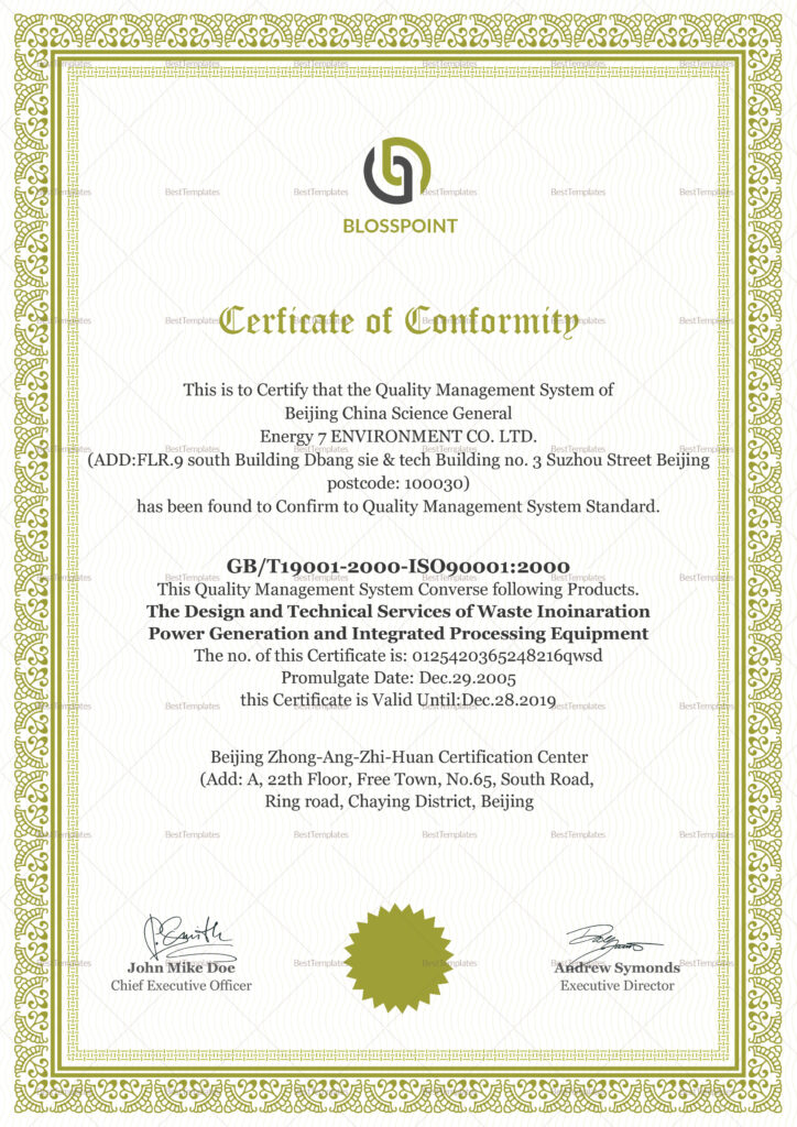 Certificate Of Conformity Sample Template | Template Samples
