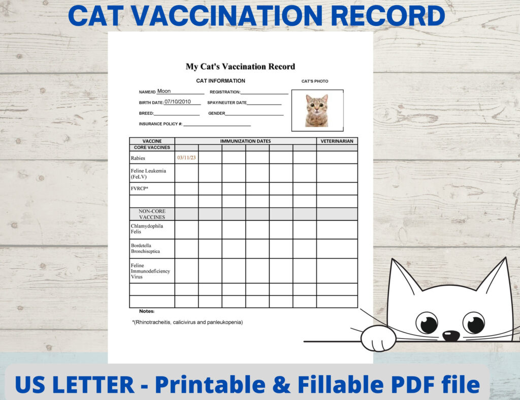 Free Printable Cat Vaccination Feline Vaccination Record Template ...
